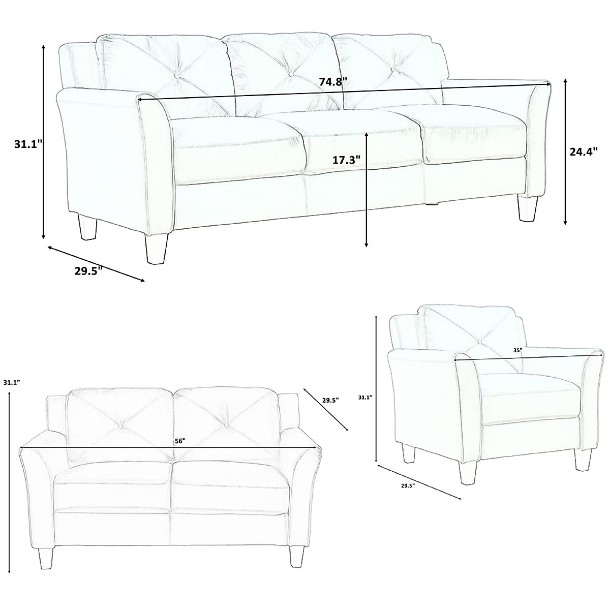 Merax 3 Pieces Sectioanal Couch Set, Living Room Furniture Set 3 Piece,Modern Style Button Tufted 3 Piece Sofa Couch Set Included 3 Seater Sofa, an Loveseat and A Armchair,Gray