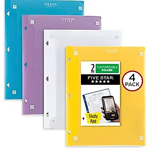 Five Star Pocket Folder + Study App, 4 Pack, 2 Pocket Folder, Customizable Cover, Fits 3 Ring Binder, White, Amethyst Purple, Harvest Yellow, Tidewater Blue (330092B-ECM)