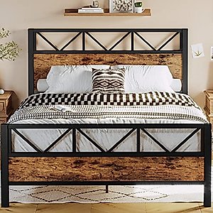 LIKIMIO Queen Bed Frame, Tall Industrial Headboard 51.2", Platform Bed Frame Queen with Strong Metal Support, Solid and Stable, Noise Free, No Box Spring Needed, Easy Assembly