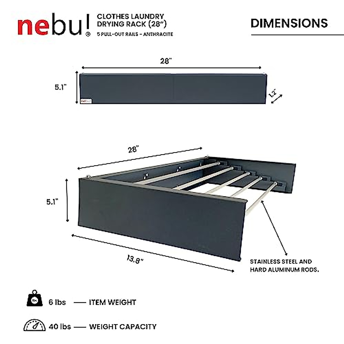 NEBU Clothes Laundry Drying Rack 28”- an Elegant Wall-Mounted Hanger, Folding Stainless Steel Collapsible, Space Saver with 12 Linear feet, Drying Capacity 27lbs