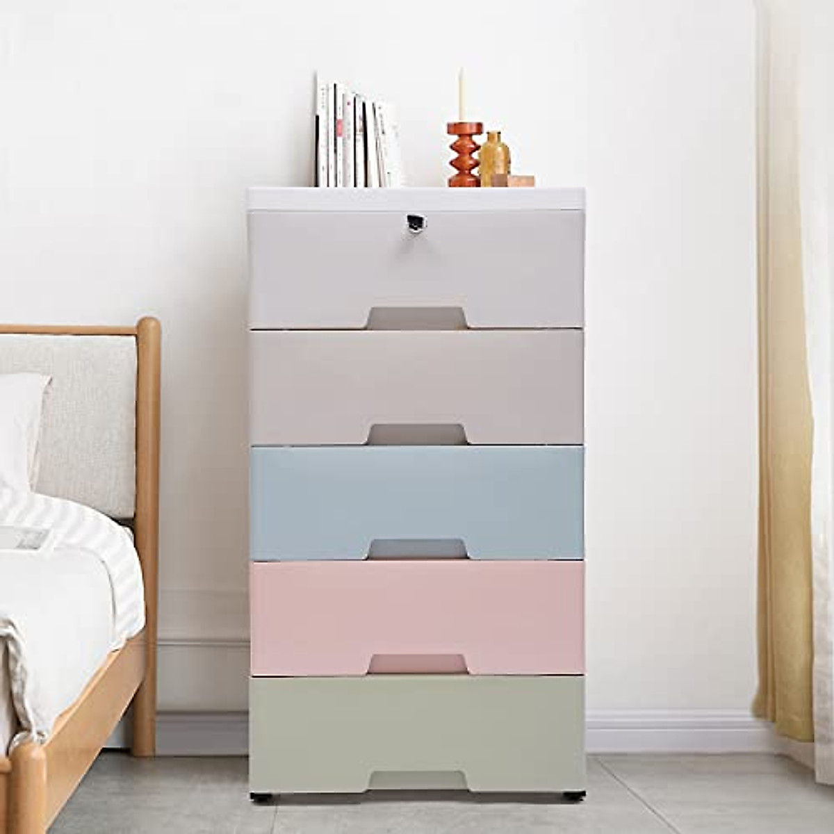 OUKANING Plastic 5 Drawers Dresser Storage Cabinet, Macaron Stackable Vertical Clothes Storage Tower for Neatly Storing Books, Office Supplies, Snacks, Household Items