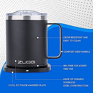 ZUGG Coffee Mug Warmer with Self-Warming Insulated Drink Cup, Home and Office Desk Accessory with Qi Heater, Double Wall Stainless Steel, Premium 2 Pc. Gift Set (Black)