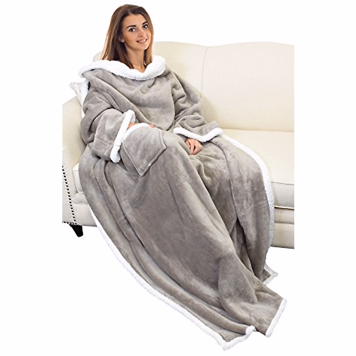 Catalonia Sherpa Wearable Blanket with Sleeves Arms, Super Soft Warm Comfy Large Fleece Plush Sleeved TV Throws Wrap Robe Blanket for Adult Women and Men, Gift for Her
