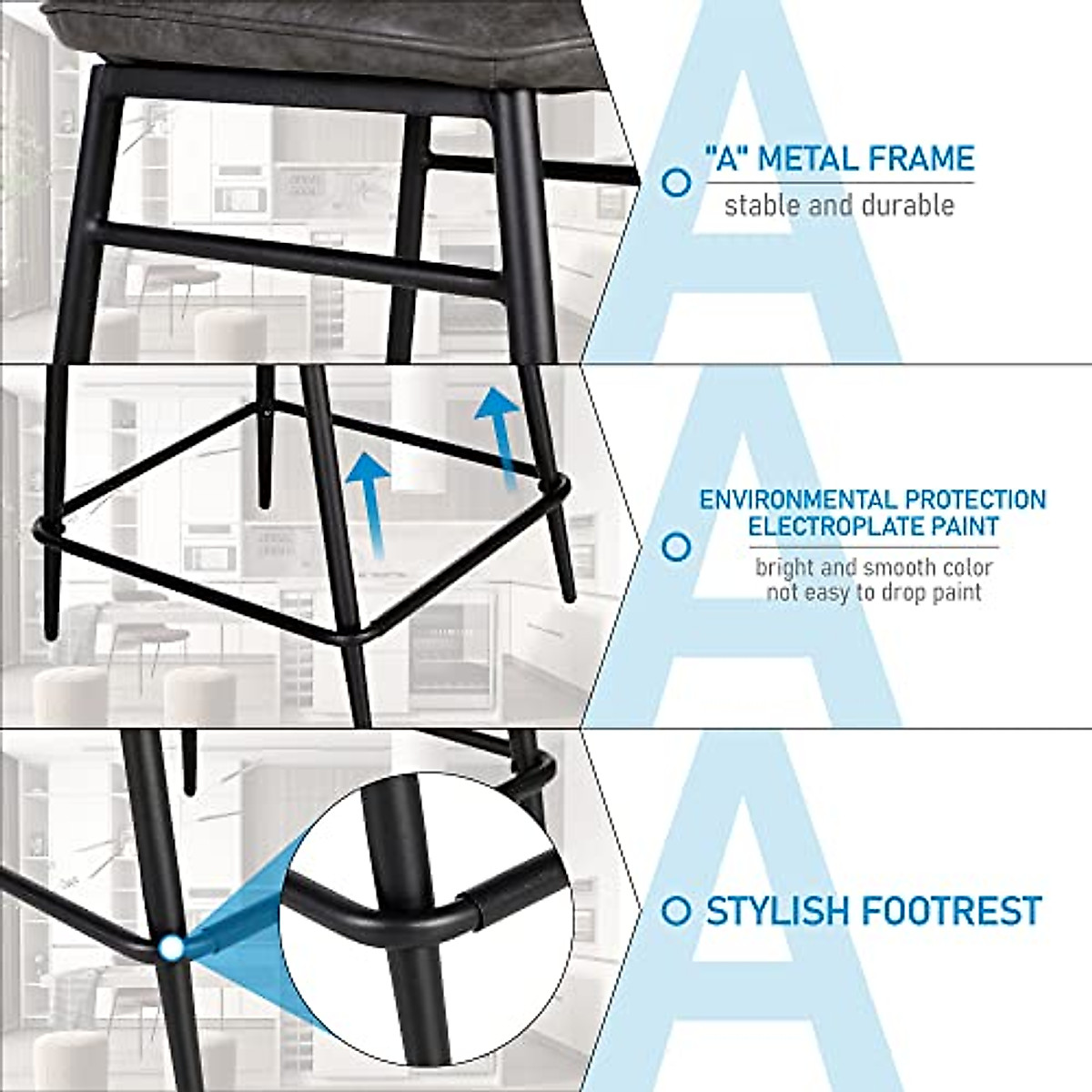 ALPHA HOME Bar Stools Set of 2, Counter Stools with High Back, Modern Upholstered Cushion Barstools Chair with Metal Frame for Kitchen Dining Cafe Indoor, 24 Inch, Dark Grey, 2PCS
