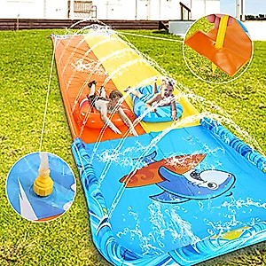 Water Slide for Kids Adult,Inflatable Water Splash Slide Summer Outdoor Toys with 2 Bodyboards Lanes Slip Racing Lawn Water Slide with Water Sprayer Build in Sprinkler for Backyard 20ft