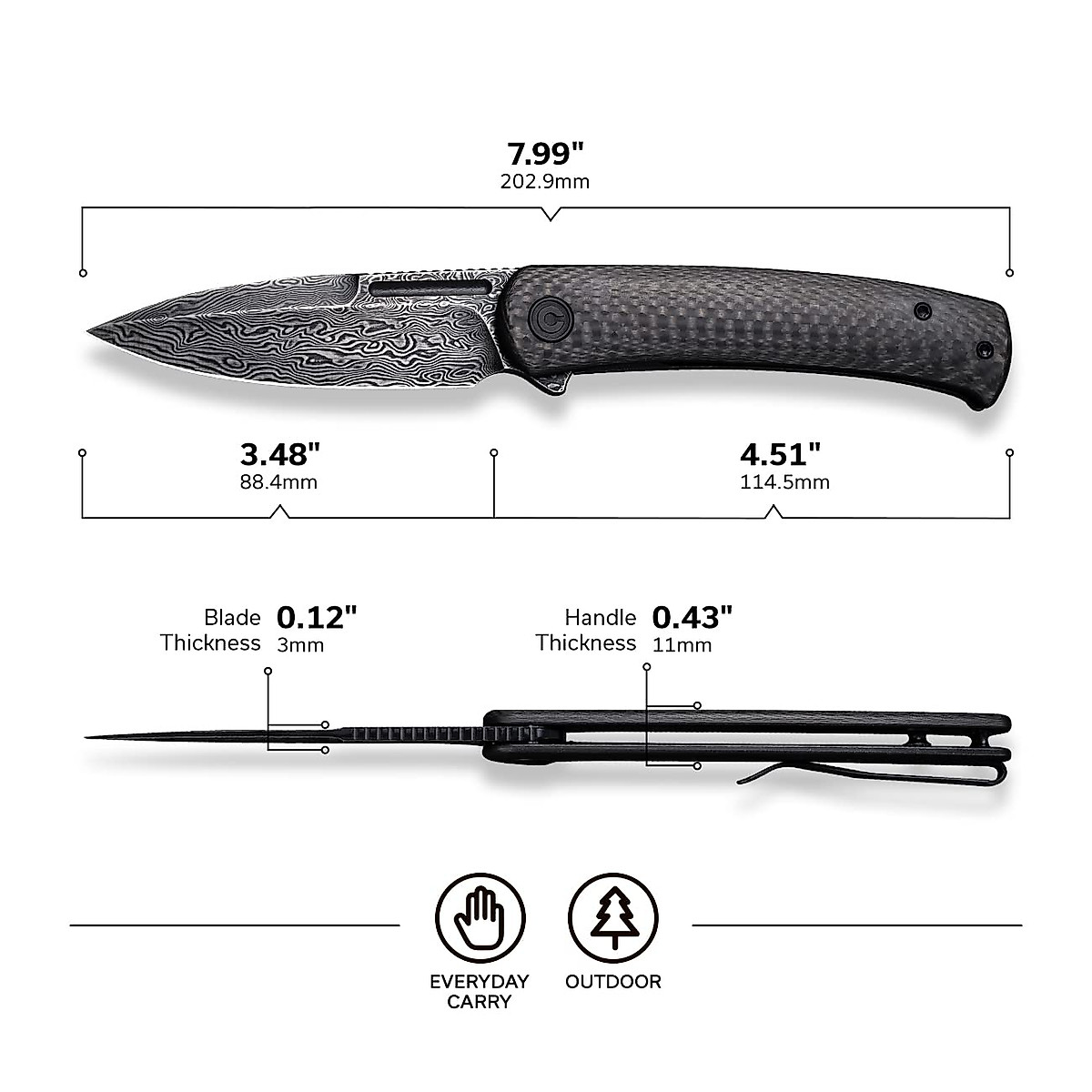 CIVIVI Cetos Folding Knife, 3.48-in Damascus Blade Spear Point with Twill Carbon Fiber Scale Flipper Knife Frame Lock, Pocket EDC Outdoor Knives for Camping, Hiking, Hunting C21025B-DS1