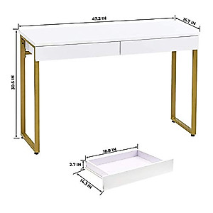 GreenForest Vanity Desk with 2 Drawers Glossy White Makeup Table 47 inch Modern Home Office Computer Desk Dressing Console Table with Metal Gold Legs for Bedroom,Without Mirror