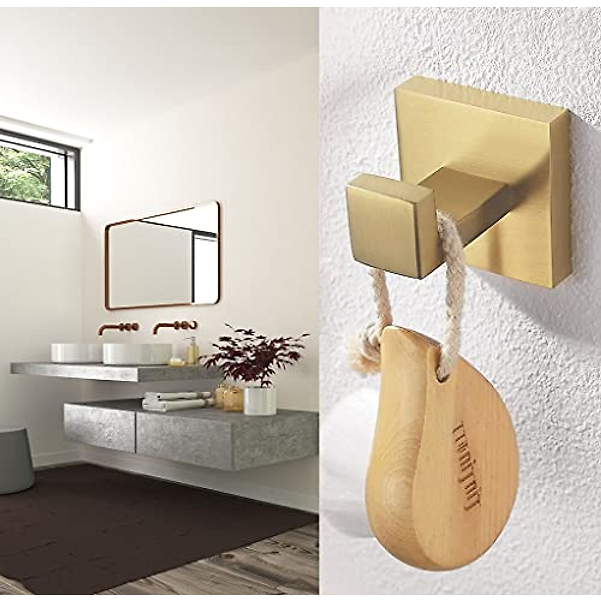 Towel Hooks for Bathrooms Brush Gold Stainless Steel 304 Robe and Coat Hook Modern Square Heavy Duty Wall Mount Clothes Hook 2 of Pack… (Brush Gold)