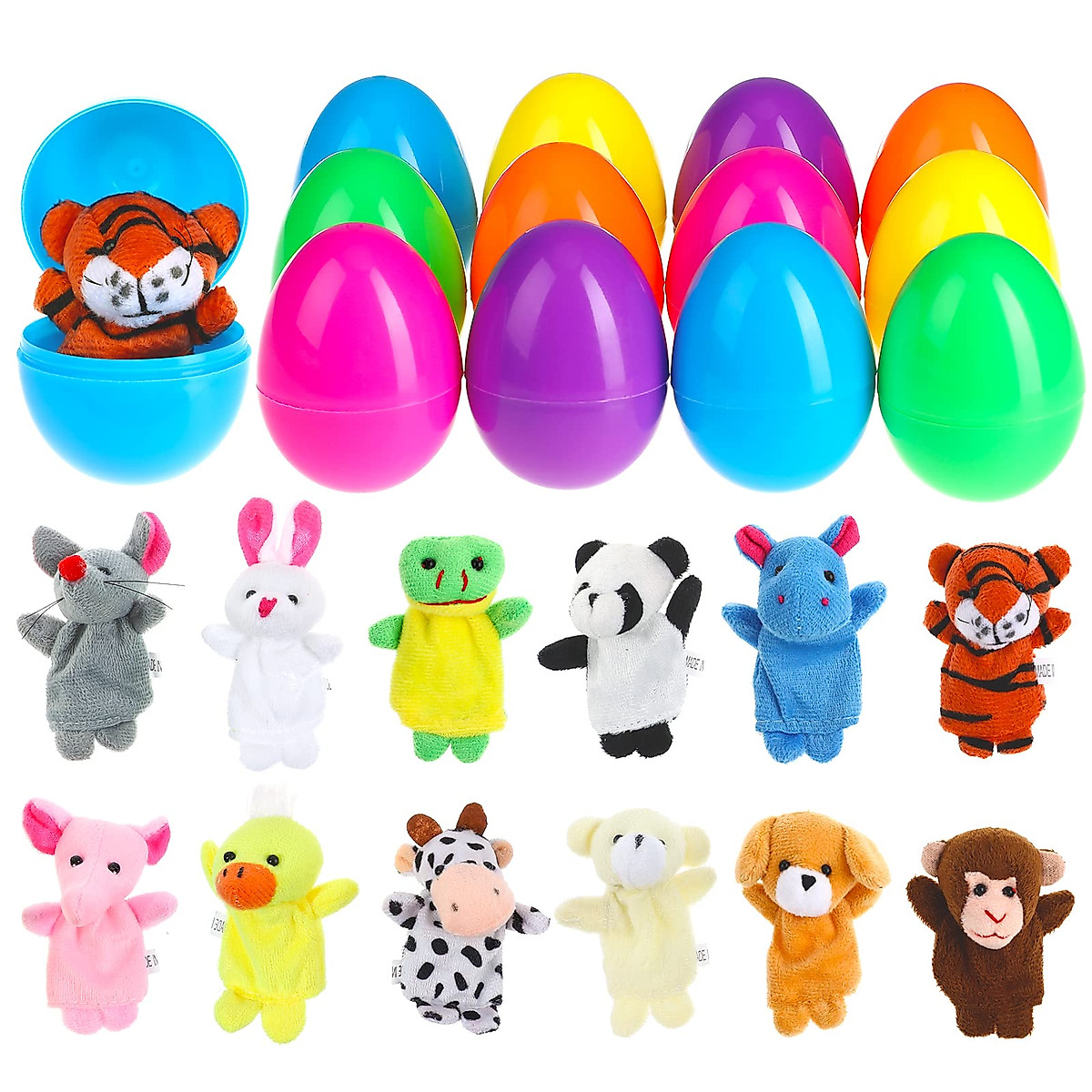 BILLMOSS Easter Eggs with Finger Puppets - 12 Packs Easter Basket Stuffers Party Favors for Kids Easter Eggs Hunt (Not Pre-Filled)
