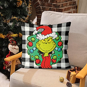 Merry Christmas Throw Pillow Covers 18 x 18 Inches Merry Girnchmas Buffalo Plaid Pillowcase Happy New Year Farmhouse Pillow Case Xmas Decoration for Living Room Sofa Bed Home Set of 4 (Christmas-03)