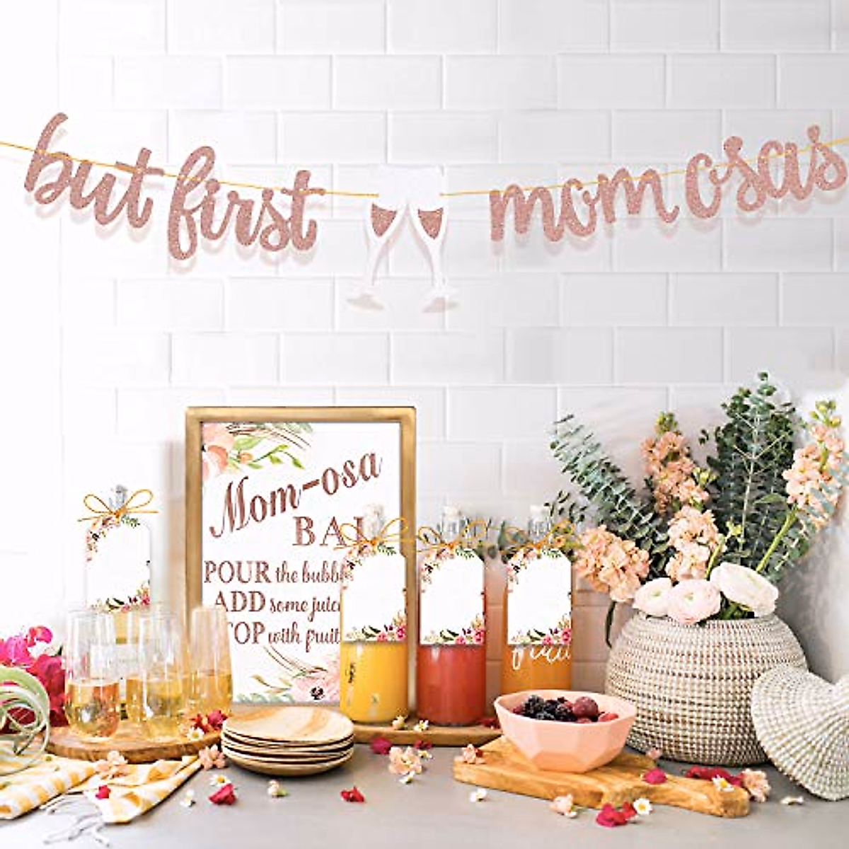 MORDUN MOMosa Bar Sign Banner Tags - Rose Gold Decorations for Baby Shower Mom Birthday Mother’s Day Decor New Mum Brunch Dia de las Madres