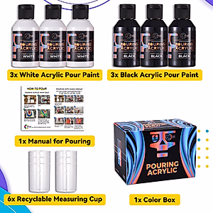 OPHIR Acrylic Pour Paint Set 22.8OZ, 3 Black & 3 White Premixed Acrylic Pouring Paint Supplies for Canvas, Rocks, Wood, Glass, Paper, Tile, Crafts and Stones