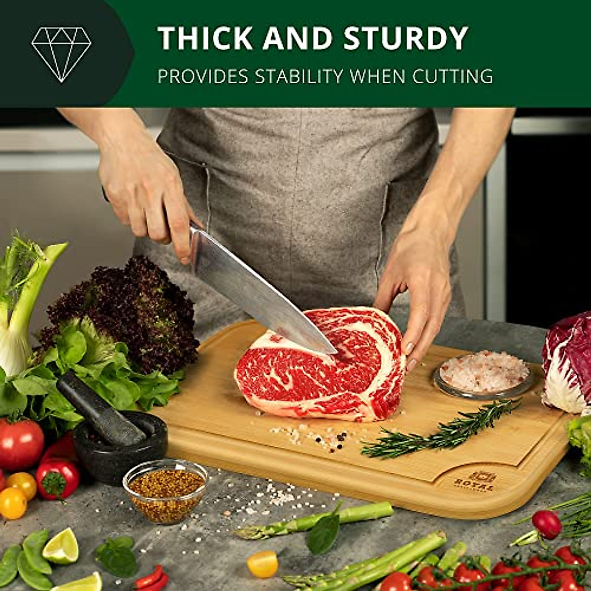 Large Wooden Cutting Boards for Kitchen Meal Prep & Serving - Bamboo Wood Cutting Board with Deep Juice Groove - Charcuterie & Chopping Butcher Block for Meat - Kitchen Gadgets Gift (L 18x12")