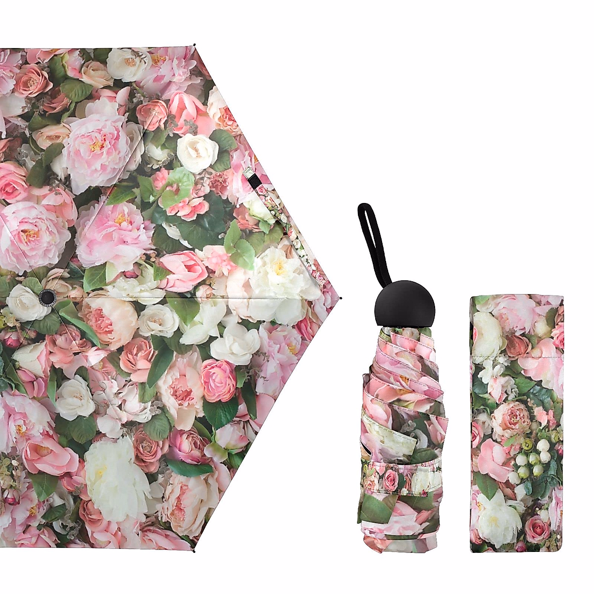 ALAZA Pink Rose White Flowers Floral Folding Umbrella for Rain Sun Travel Mini Lightweight Compact Umbrellas