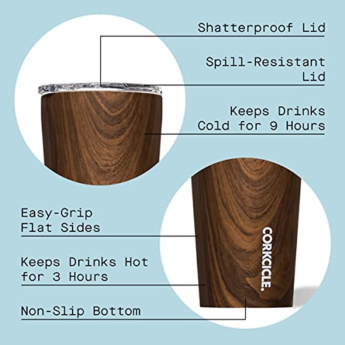 Corkcicle Tumbler, Triple-Insulated, Thermal Travel Mug, Keeps Drinks Cold for 9+ Hours and Hot for 3 Hours, Walnut Wood, 16 oz