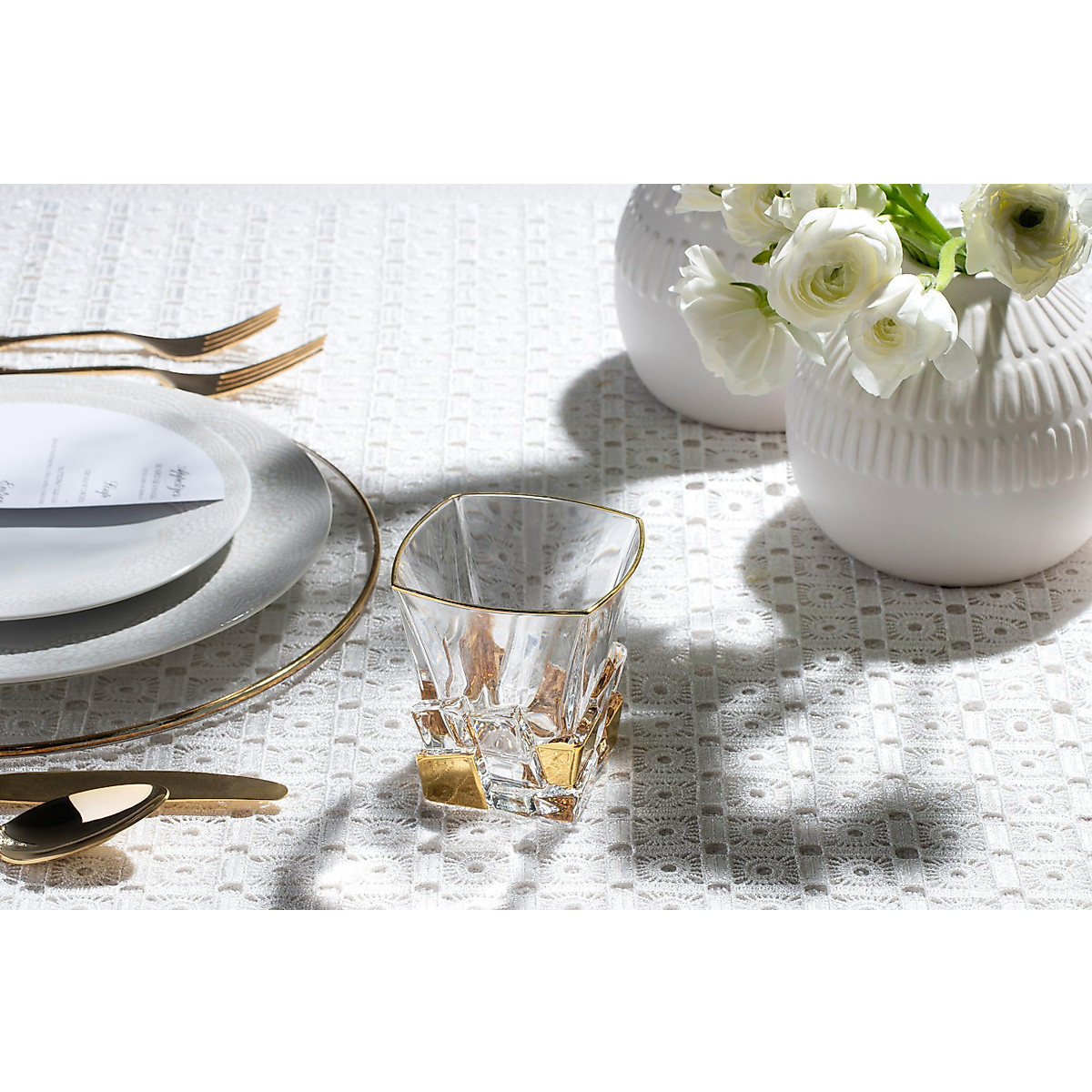 Barski - European Quality Glass - Crystal - Set of 6 - Square Shaped - Double Old Fashioned Tumblers - DOF - 11.7 oz. - with Gold Ice Cubes Design - Glasses are Made in Europe