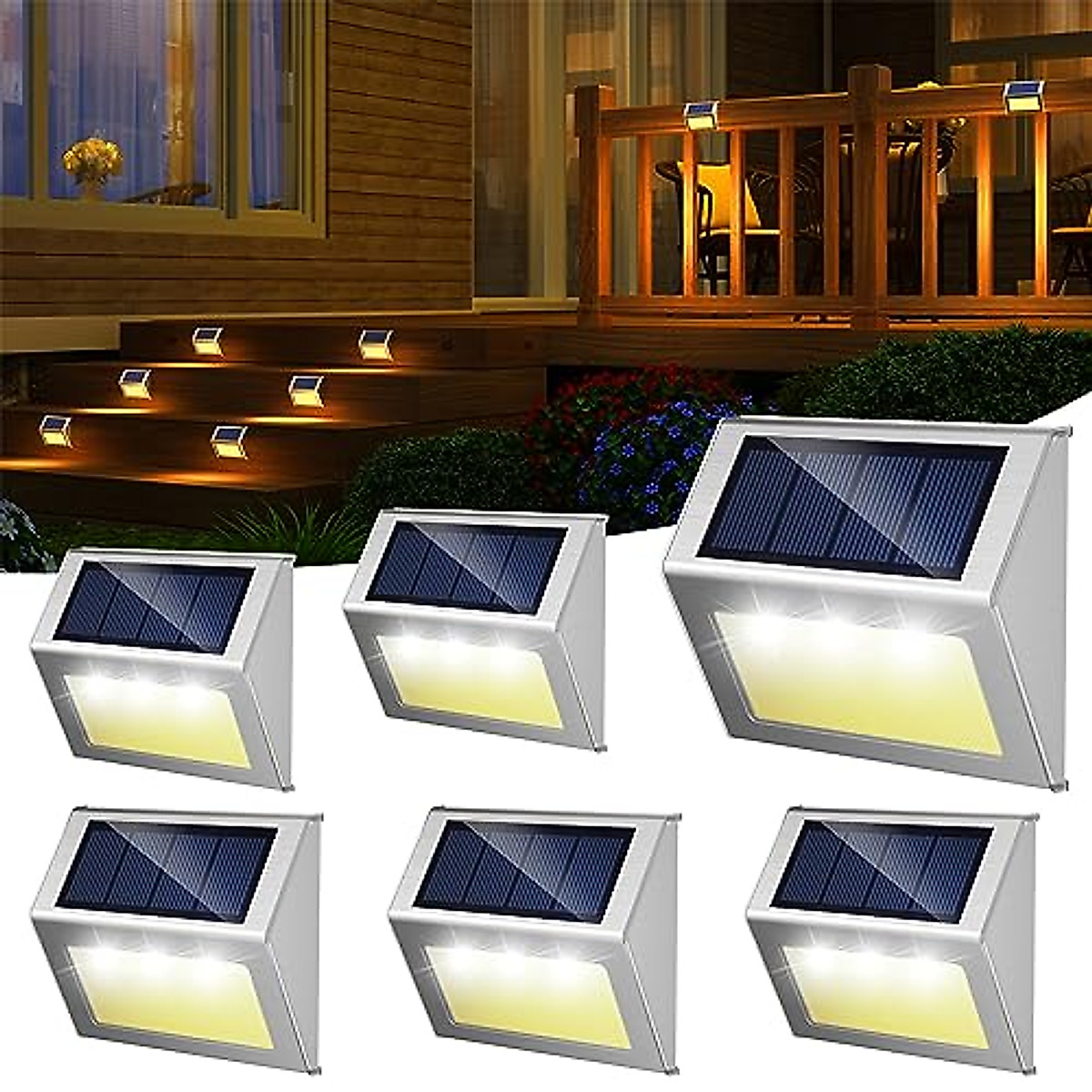 Solar Fence Lights - Solar Lights Outdoor Waterproof, Solar Powered Outdoor Lights Deck Lights for Outside Garden Backyard Patio Yard Wall Stair Step Railing Post 3LED Lighting, Warm Light, 6 Pack
