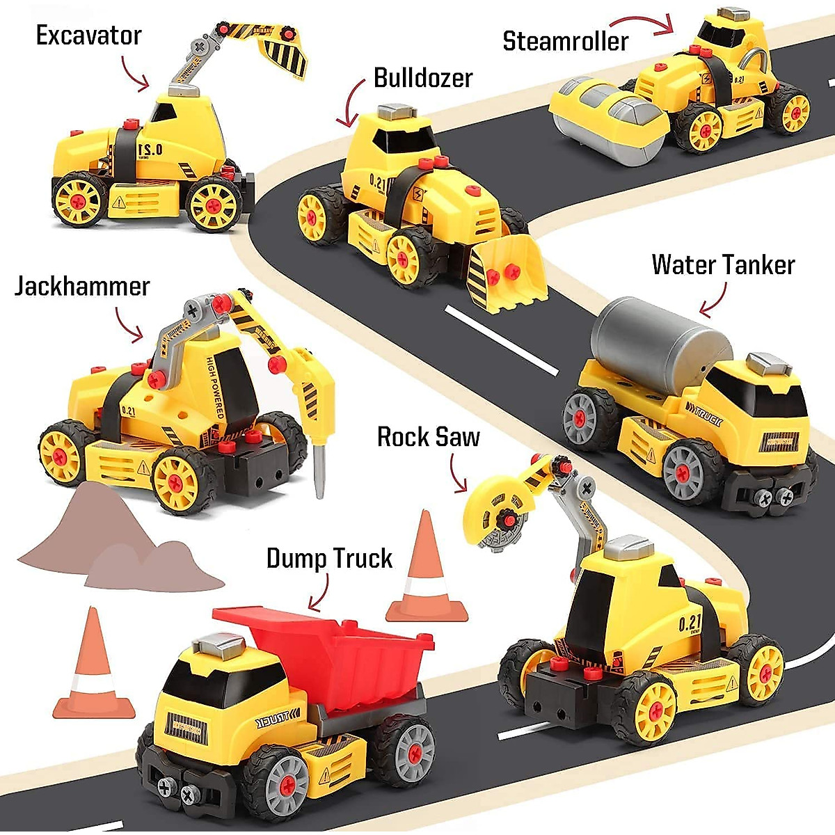 14-in-1 Take Apart Construction Toys 155pcs DIY Engineering Playset, 2 Electric Drills, Play Mat and Road Signs, Push & Go STEM Learning Bundle w/Lights, Sounds for Early Education, Boys and Girls 4+