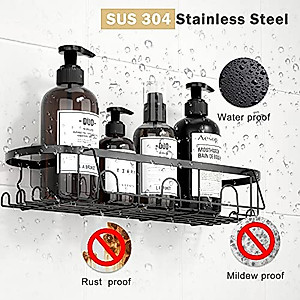 Meibeidor Shower Caddy Shelf Rack 3-Pack,No Drilling Adhesive Shower Shelves Inside Shower, Stainless Steel Shower Storage Accessories with 4 Hooks& Soap Holder, Wall Mount Organizer Black