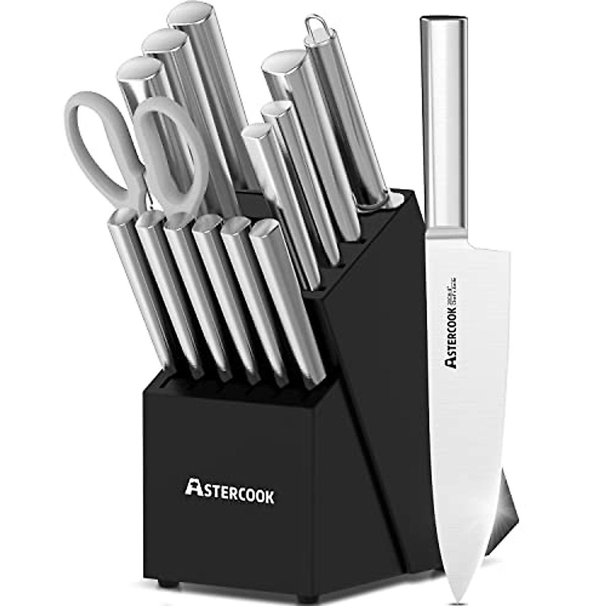 Knife Set, 15 Pieces Chef Knife Set with Block for Kitchen, German Stainless Steel Knife Block Set, Dishwasher Safe, Best Gifts, Silver Knives & Elegant Black Holder