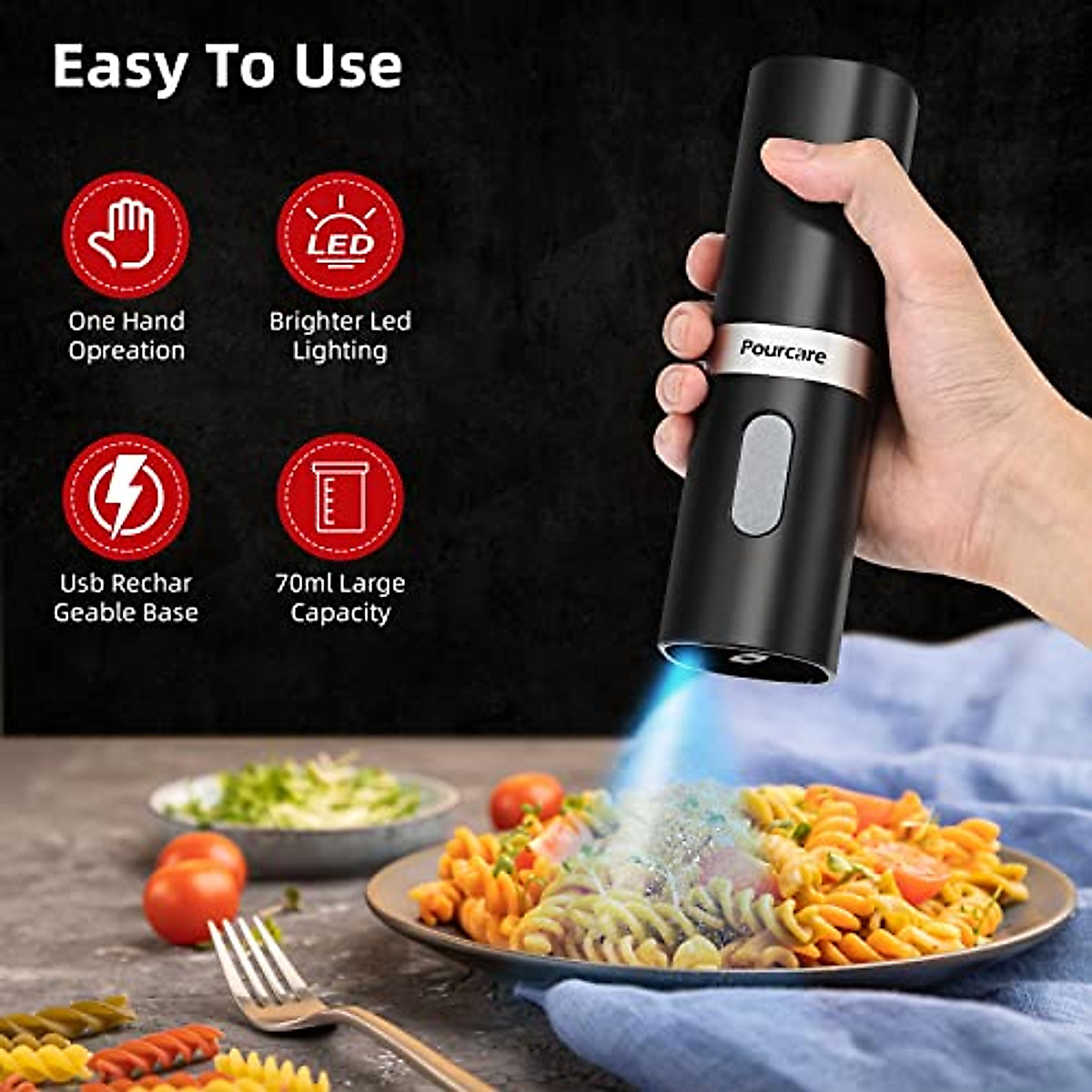Pourcare Electric Salt and Pepper Grinder Mill Set,Adjustable Coarseness One-hand Automatic Operation,Charging Base Rechargeable Battery Powered with LED Light,Stainless Steel Black 2 Pack