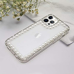 Guppy for iPhone 12 Pro Max Women Girls Bling Diamond Pearl Case Luxury Glitter Handmade Rhinestones Soft Silicone Rubber Sparkly Shiny Protective Cover Case for iPhone 12 Pro Max 6.7" Clear