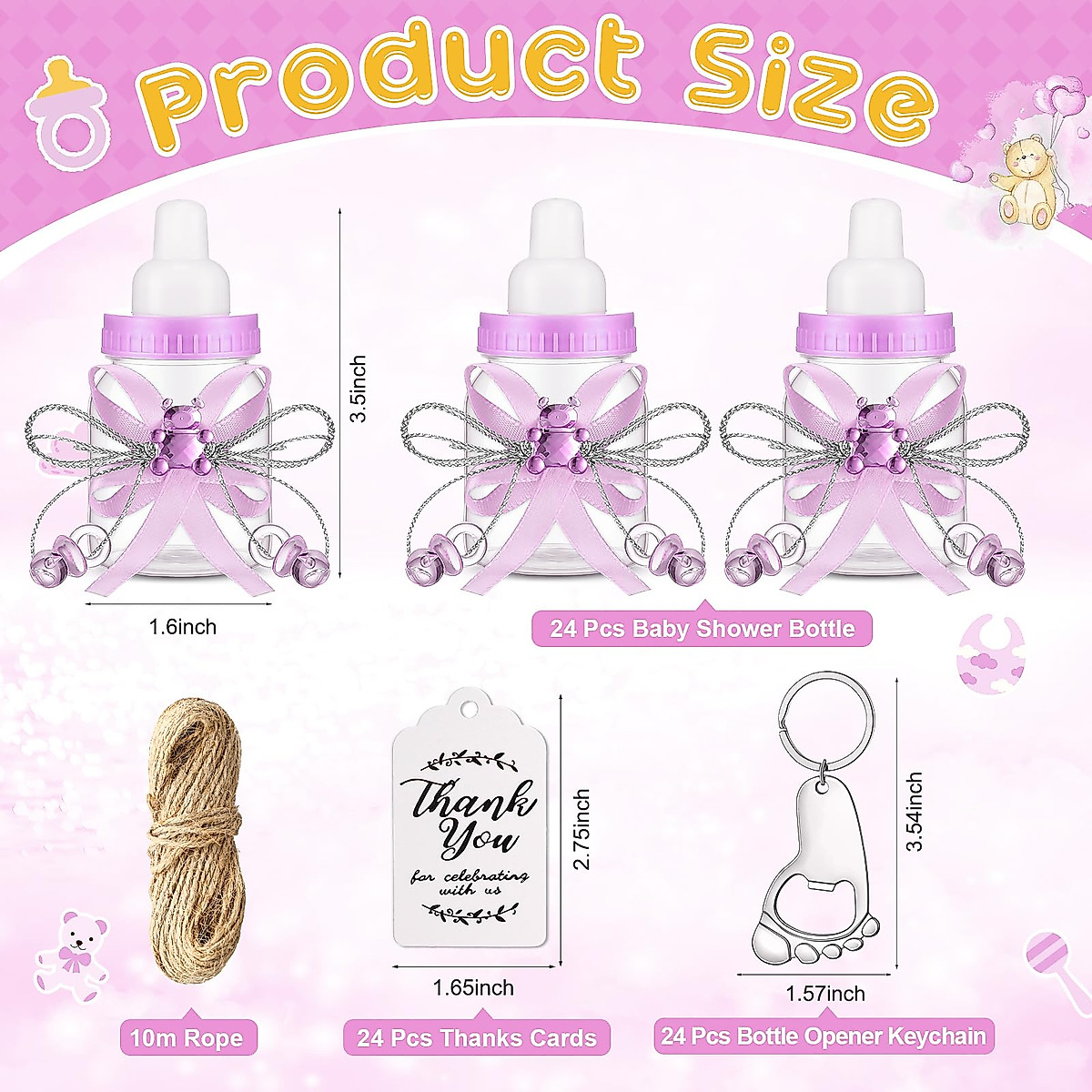 Sunnyray 72 Pcs Baby Shower Bottle Favors 24 Baby Mini Milk Bottles 24 Baby Footprint Keychain Bottle Opener 24 Thanks Tags Party Favors Gift for Girl Boy Baby Shower Decorations (Purple, Silver)