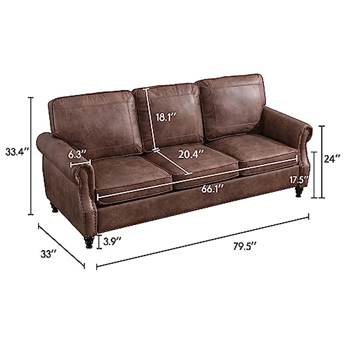 Dreamsir 79'' Traditional Faux Leather Sofa Couch with Nailhead Trim, Classic 3-Seater Sofa with Rolled Arms for Living Room, Bedroom, Apartment, Easy Assembly (Dark Brown)
