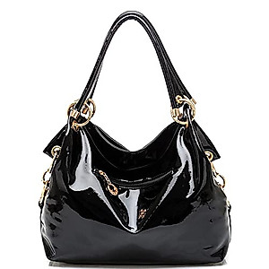 Women Patent Hobos Shiny Top-Handle Bags Chain Handbags Large Shoulder Bags for Ladies Sequin Purse (Patent BLack)