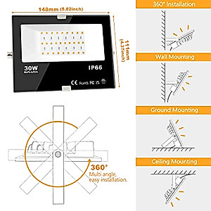 Led Flood Light 300W Equivalent 3000 LM, Outdoor Color Changing Led Stage Landscape Lights, Bluetooth RGBW Smart Floodlights 2700K & 16 Million Colors&Timing& Music Sync, IP66，US 3-Plug (2 Pack)