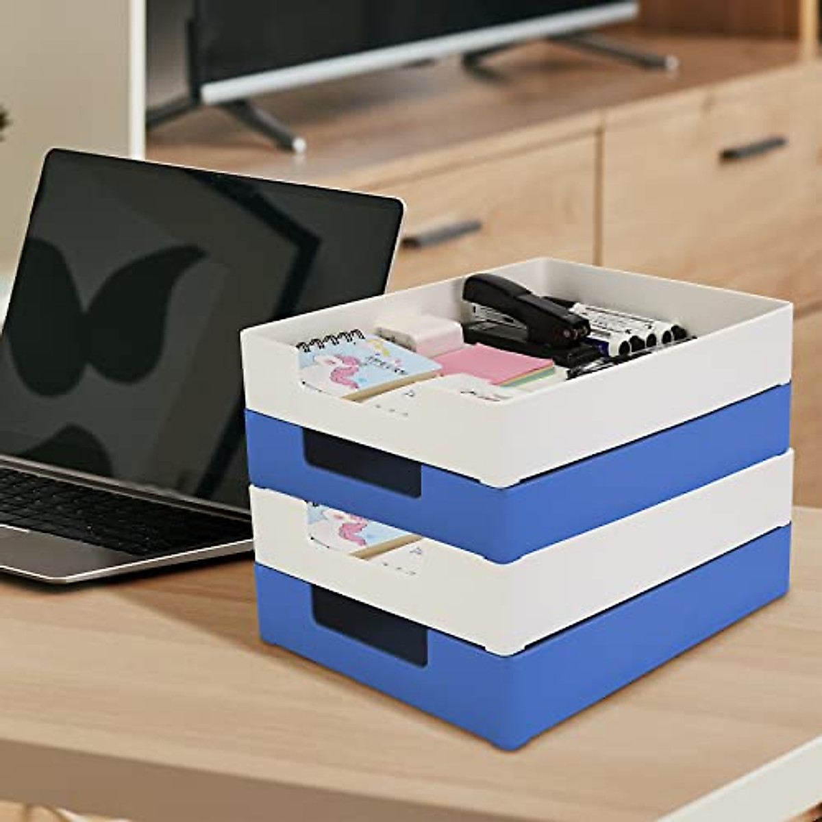 izBuy Letter-Size Tray Desk Letter Tray Paper Tray - Single-Tier (2-Pcs) Stackable Desktop Organizer Front-Load Documents Tray for Office Supplies File, Plastic Letter Tray (White & Blue)