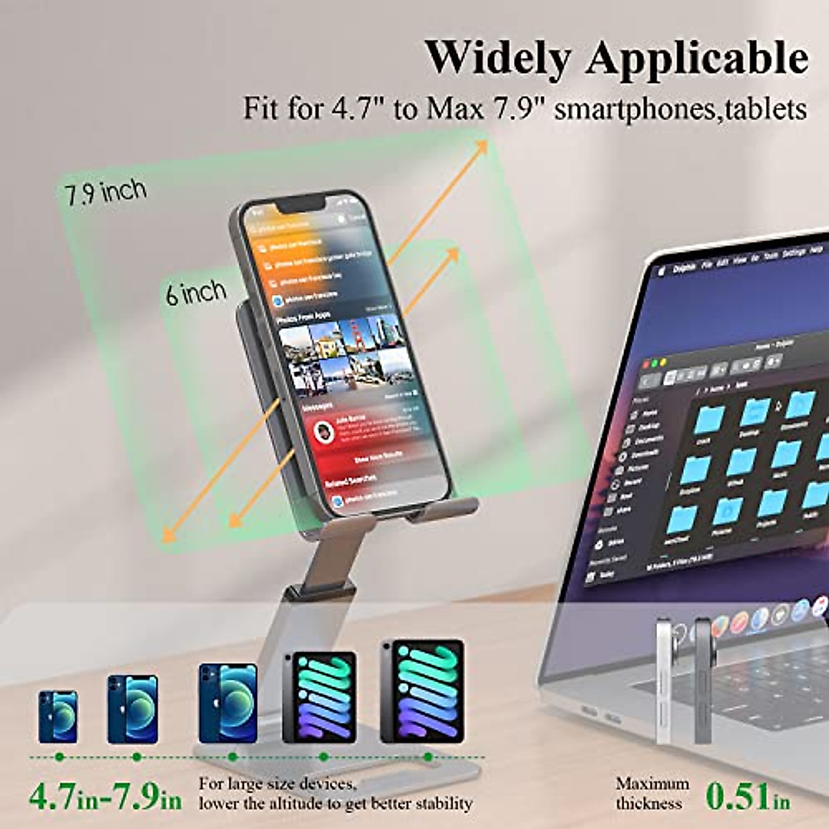 Minthouz Extendable Cell Phone Stand, Aluminium Phone Holder for Desk, Multi-Angle/Height Adjustable Phone Stand Compatible with iPhone 14 13 Pro Max Mini 12 11 and More 4.7"-7.9" Smart Phones -Gray