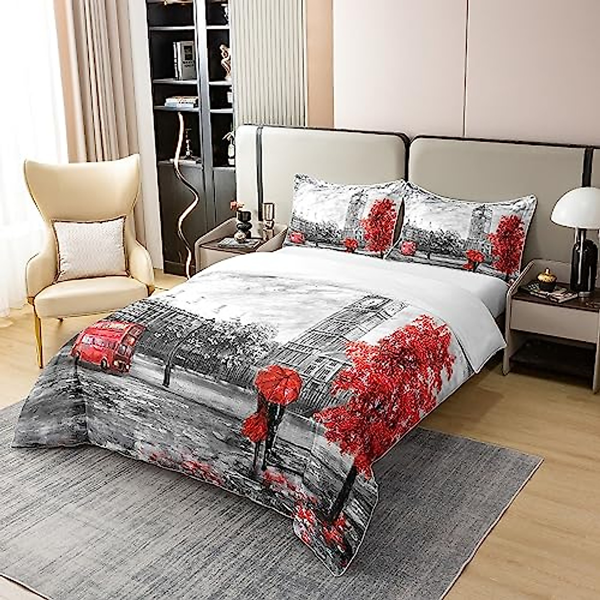 Big Ben Cotton Duvet Cover Set Queen Kids women Men London Romantic Couple Bedding Set Soft Breathable 100% Cotton Comforter Cover Set Grey Red Double Decker Bus Duvet Cover Bed Set Chic Bedroom Decor