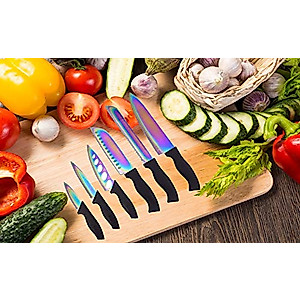 Lightahead 7pcs Premium Rainbow Colored Knife Set, 6 Stainless Steel Kitchen Knives with Chopping Board