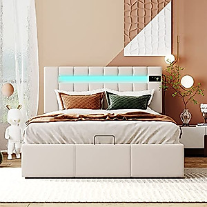 MOEO Upholstered Full Size Platform Bed with LED Light, Bluetooth Player and USB Charging, Hydraulic Storage, Velvet Fabric Bedframe for Kids, Adults, Bedroom, No Box Spring Required, Beige
