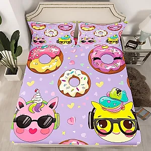 Kawaii Doughnut Fitted Sheet Queen, Funny Dessert Theme Bed Sheets for Boys Teens, Abstract Unicorn Bedding Sets Creative Hippie Tribal Feather Bedding Decor Set, Novelty Bedroom Decor
