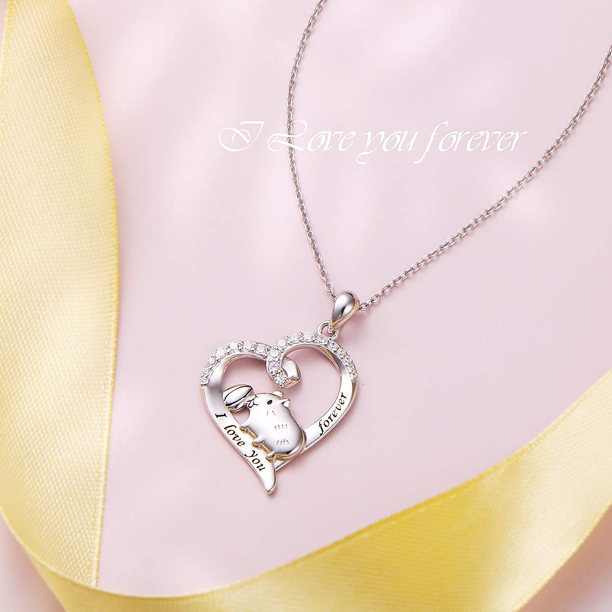 925 Sterling Silver Cute Pet Animal I Love You Forever Gerbil Chinchilla Guinea Pig Hamster Heart Pendant Necklace Birthday Jewelry for Women Daughter, 18 inch