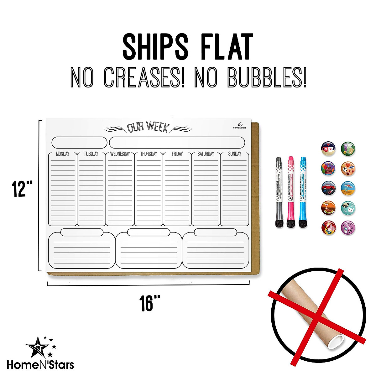 Magnetic Weekly Dry Erase Board Calendar Whiteboard - Magnetic Weekly Planner for Refrigerator - Stain Resistant Nano Technology - 3 Fine Tip Markers and Eraser, 10 Highlight Icons 16inchX12inch