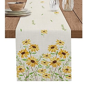Spring Floral Table Runner 72 Inches Long Farmhouse Dress Scarves, Yellow Daisy Summer Botanical Rustic Linen Texture Dining Tablerunner for Coffee Table/Party/Kitchen Island Décor, 13" x 72"