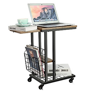X-cosrack C End Table with Wheels C Shaped Side Table with Side Pocket Industrial Wood Sofa Side End Tables Rolling Casters for Coffee Laptop Sofa Couch Bed Living Room