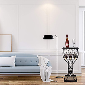 JOYBASE Freestanding Floor Wine Rack Table, Holds 11 Bottles, Metal with Marble Veneer Top, Wine Table Display Rack, Black