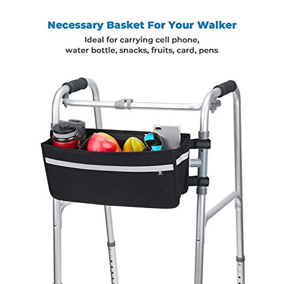 ISSYAUTO Walker Basket, Strap Mount Walker Cup Drink Holder with Two Split Board, Foldable Walker Storage Bag, Best Gift for Family and Friends - Black (Not Fit Rollator Walkers)