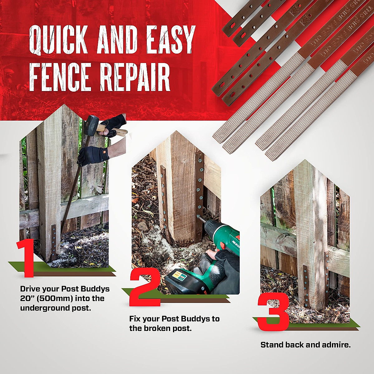 Post Buddy Pack of 2 Easy Fence Post Repair (to fix 1 Broken Wood Post), Fast and Simple to Install, Highly Effective, Long-Lasting