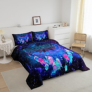 Castle Fairy Dream Catcher Comforter Set,Moon Star Galaxy Starry Sky Bedding Set Kids Teens Modern Decor,Bohemian Lotus Comforter with 1 Pillowcase for All Seasons,Twin