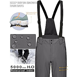 Mapamyumco Men's Ski Bib Pants Snow Insulated, Snowboard Hiking Pants Waterproof Windproof with Detachable Suspenders Iron Gate XL