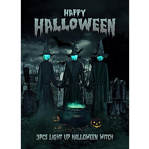 Halloween Decorations Outdoor 3PCS Light Up Witches Holding Hands Witches with Stakes, Scary Screaming Witches with Glowing Face, Creepy Halloween Party Props Decor for Yard Garden Outside Lawn Porch