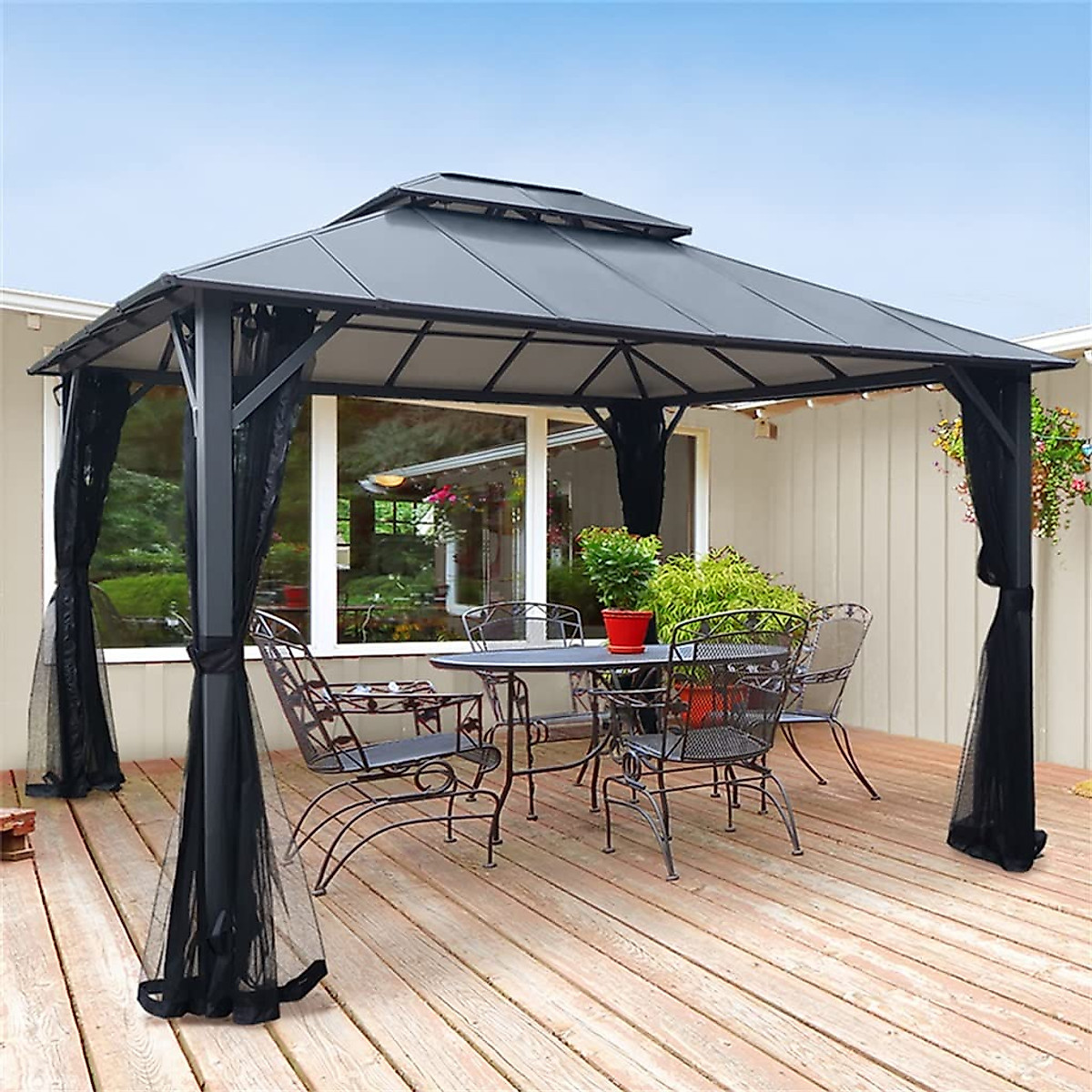Walnut 12 ft. x 10 ft. Aluminum Hardtop Outdoor Patio Gazebo with Insulated Double-Roof Hardtop and Netting
