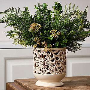 JH JIEMEI HOME Farmhouse Kitchen Utensil Holder for Countertop, Ceramic Large Cooking Utensil Crock with Cork Mat, Decorative Rustic Utensil Holder for Kitchen Counter, Hollow Carving Flower, Beige