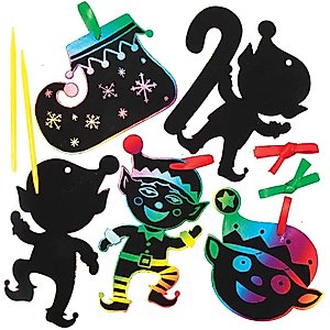 Baker Ross AX395 Christmas Elf Scratch Art - Pack of 10, Magic Scratch Art and Craft Kits for Kids Xmas Eve Activities