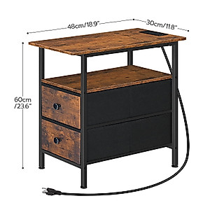 HOOBRO End Table with Charging Station, Set of 2 Narrow Side Tables, Nightstand with 2 Non-Woven Drawers, Slim Sofa Table, for Small Spaces, Living Room, Bedroom, Rustic Brown and Black BF486UBZP201